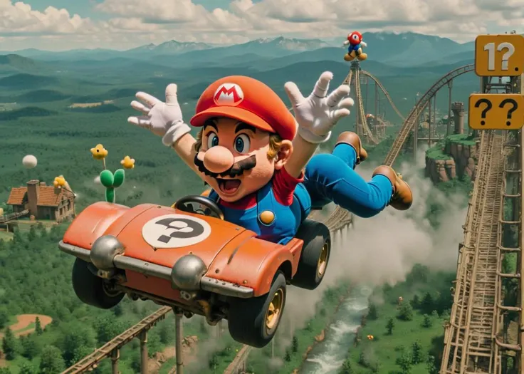 Nintendo's mario kart is flying over a roller coaster - SeaArt AI