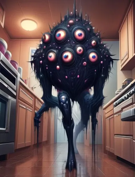 A close up of a monster with large eyes in a kitchen - SeaArt AI