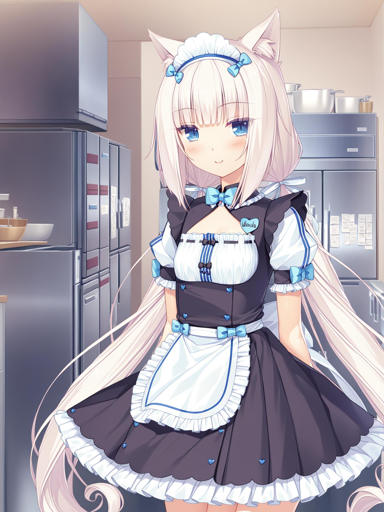 Anime girl in a maid outfit standing in a kitchen - SeaArt AI