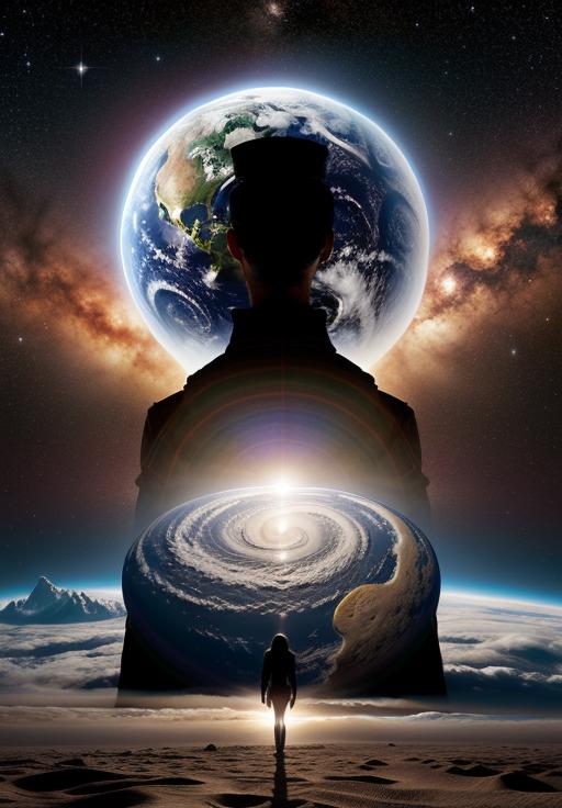 A man standing in front of a planet with a spiral in the middle - SeaArt AI