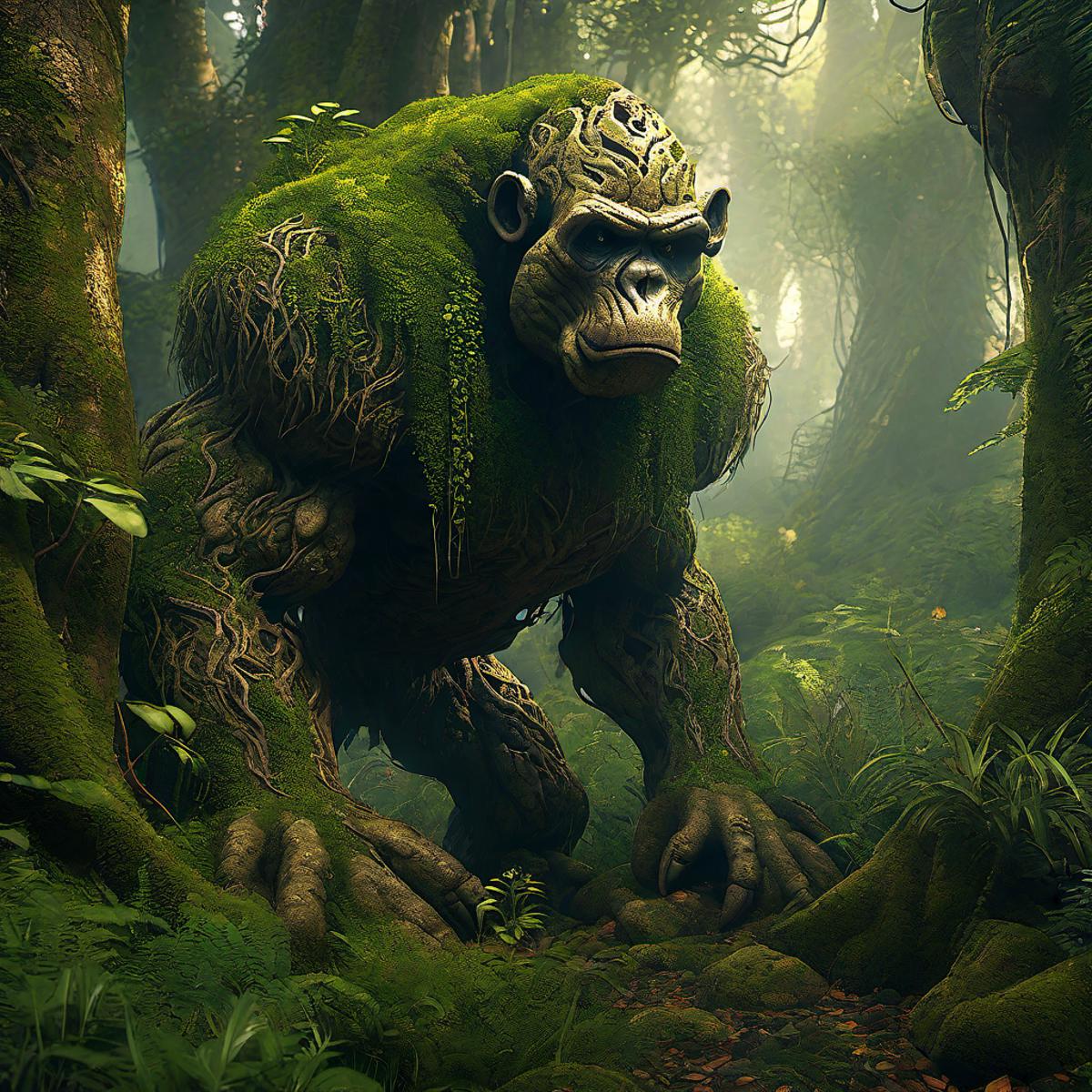 Araffe in the forest with mossy vegetation and trees - SeaArt AI