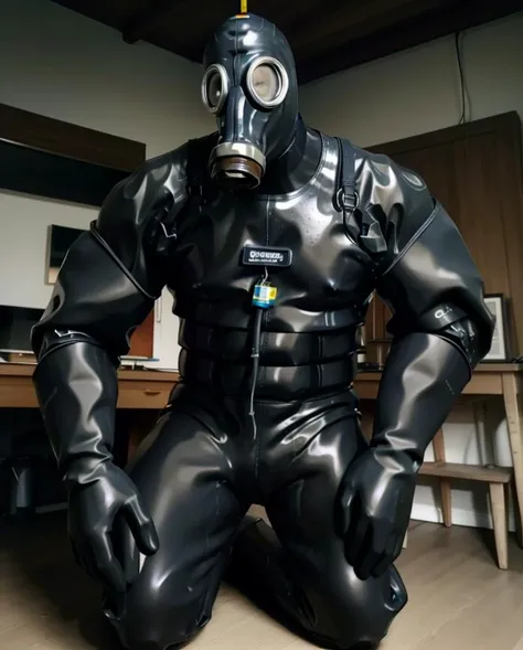 A close up of a person in a gas mask sitting on the floor - SeaArt AI