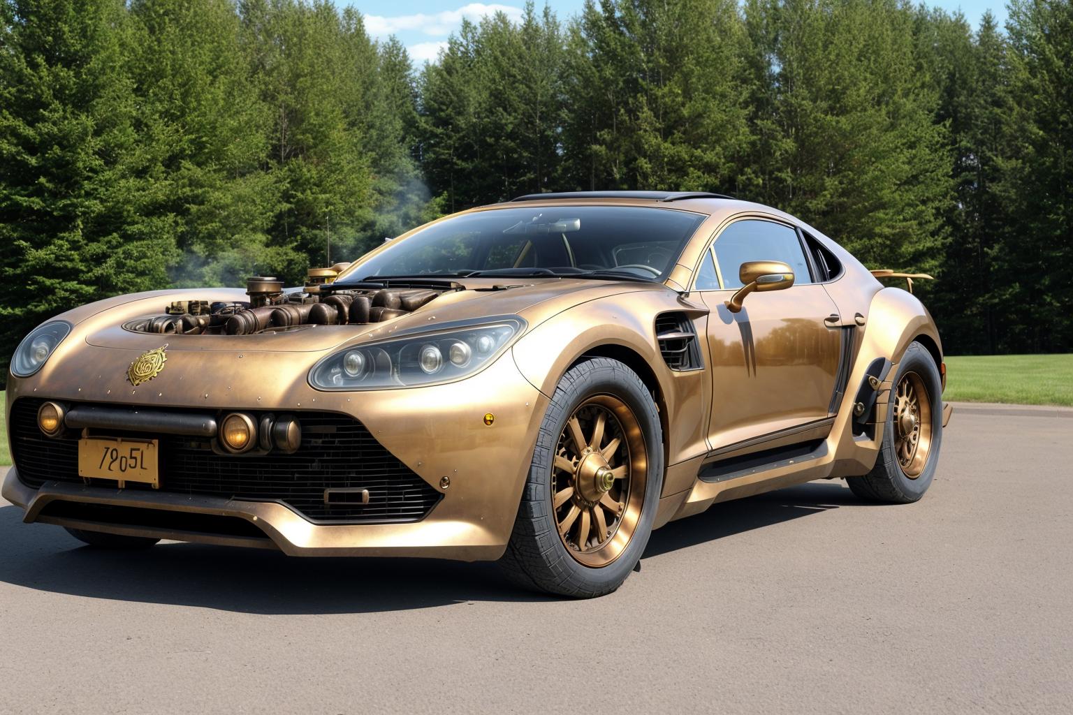A close up of a gold car with a engine on a street - SeaArt AI