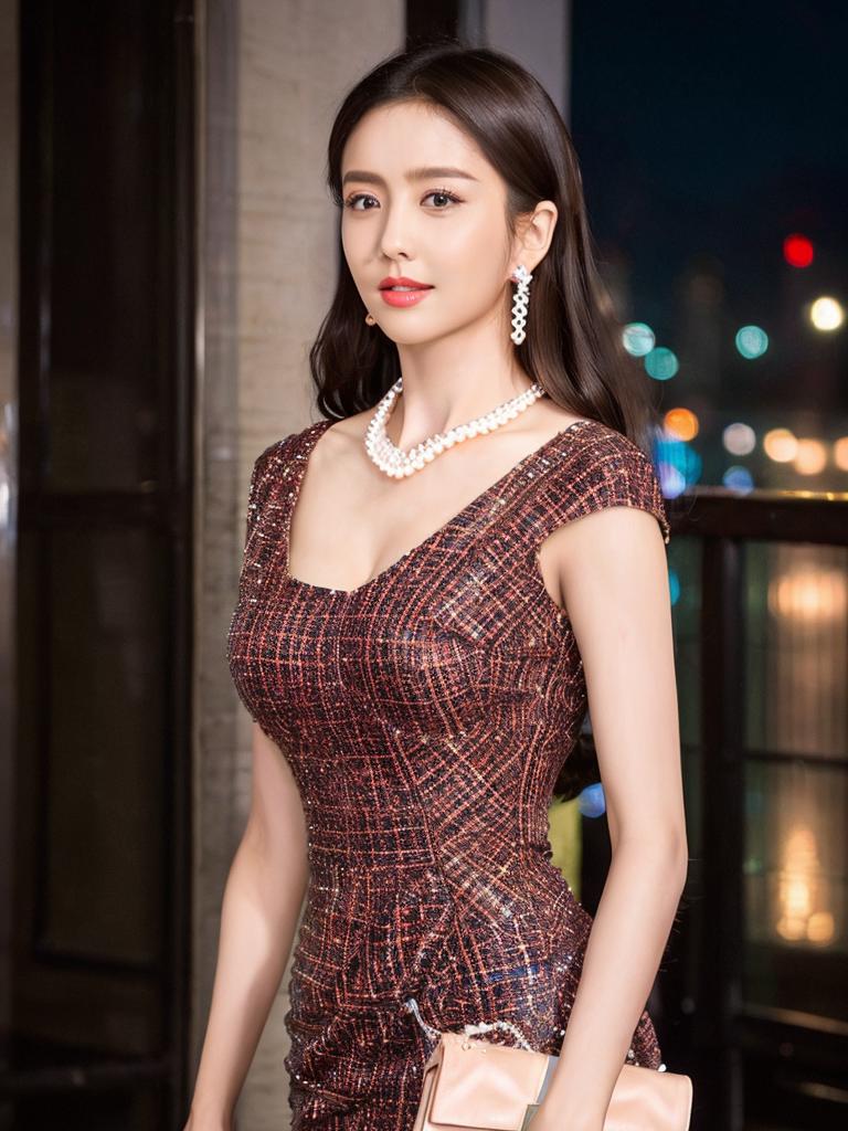 A woman in a dress and pearls is posing for a picture - SeaArt AI