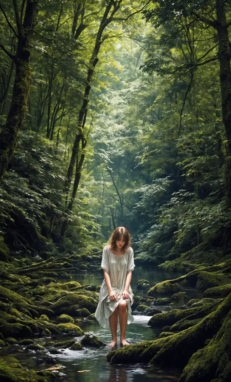 Arafed woman sitting on a rock in a stream in a forest - SeaArt AI