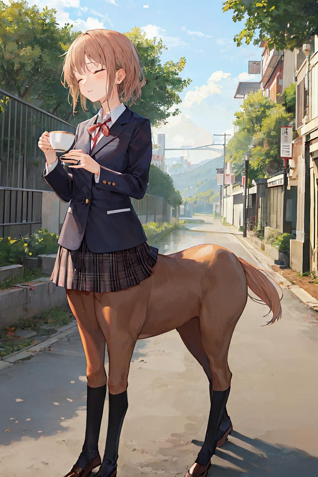 Anime girl in school uniform riding a horse on a street - SeaArt AI