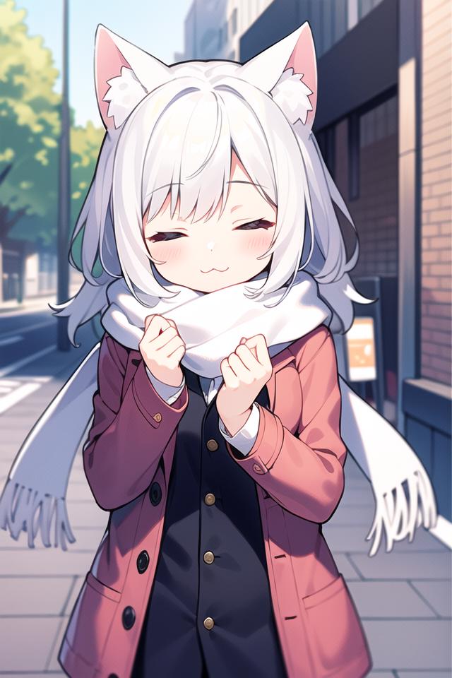 Anime girl with white hair and a cat ears wearing a scarf - SeaArt AI