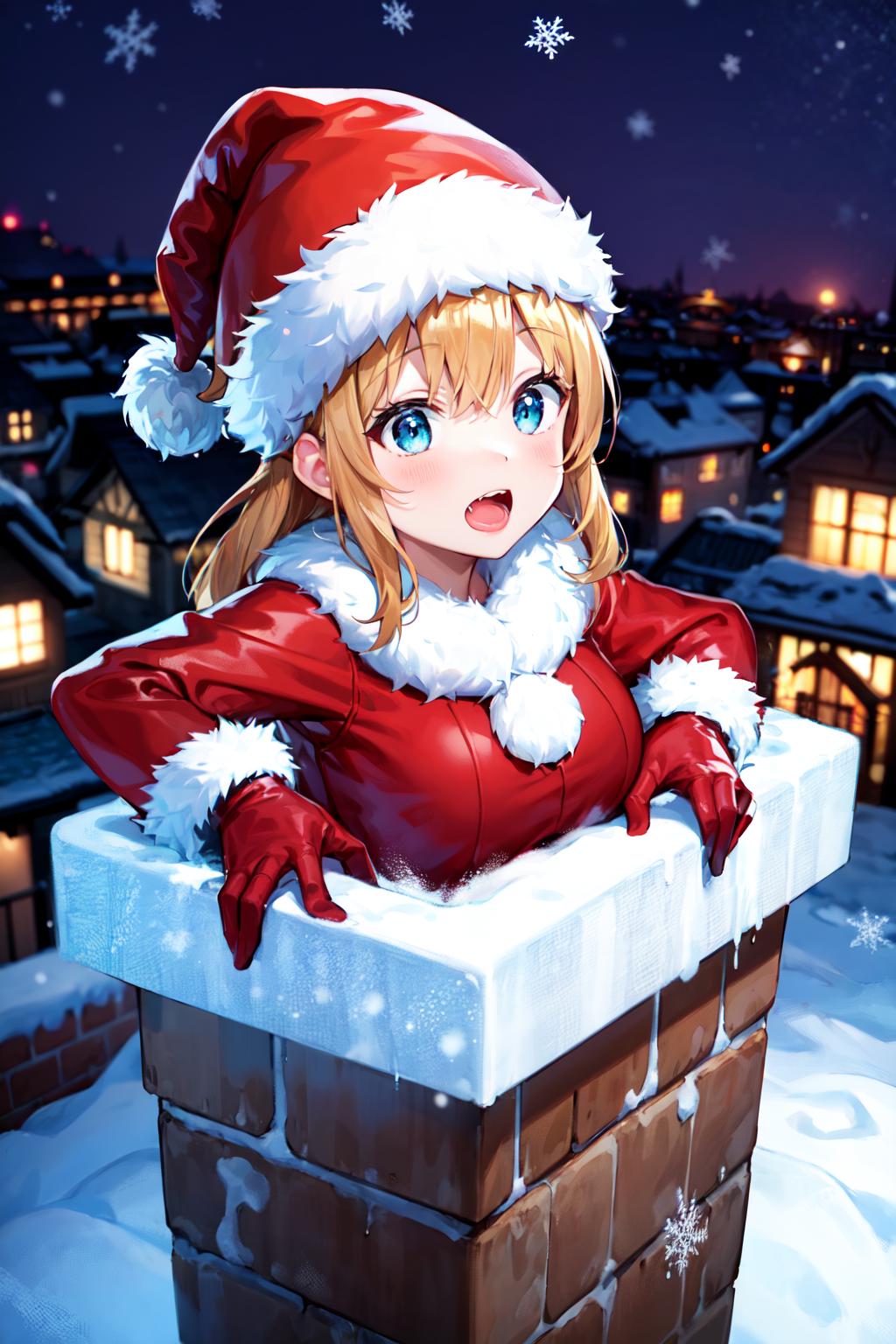 Anime girl in santa outfit sitting on chimney with snow - SeaArt AI