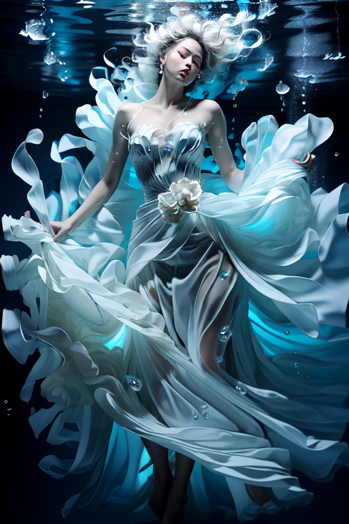 A woman in a dress is floating under water - SeaArt AI