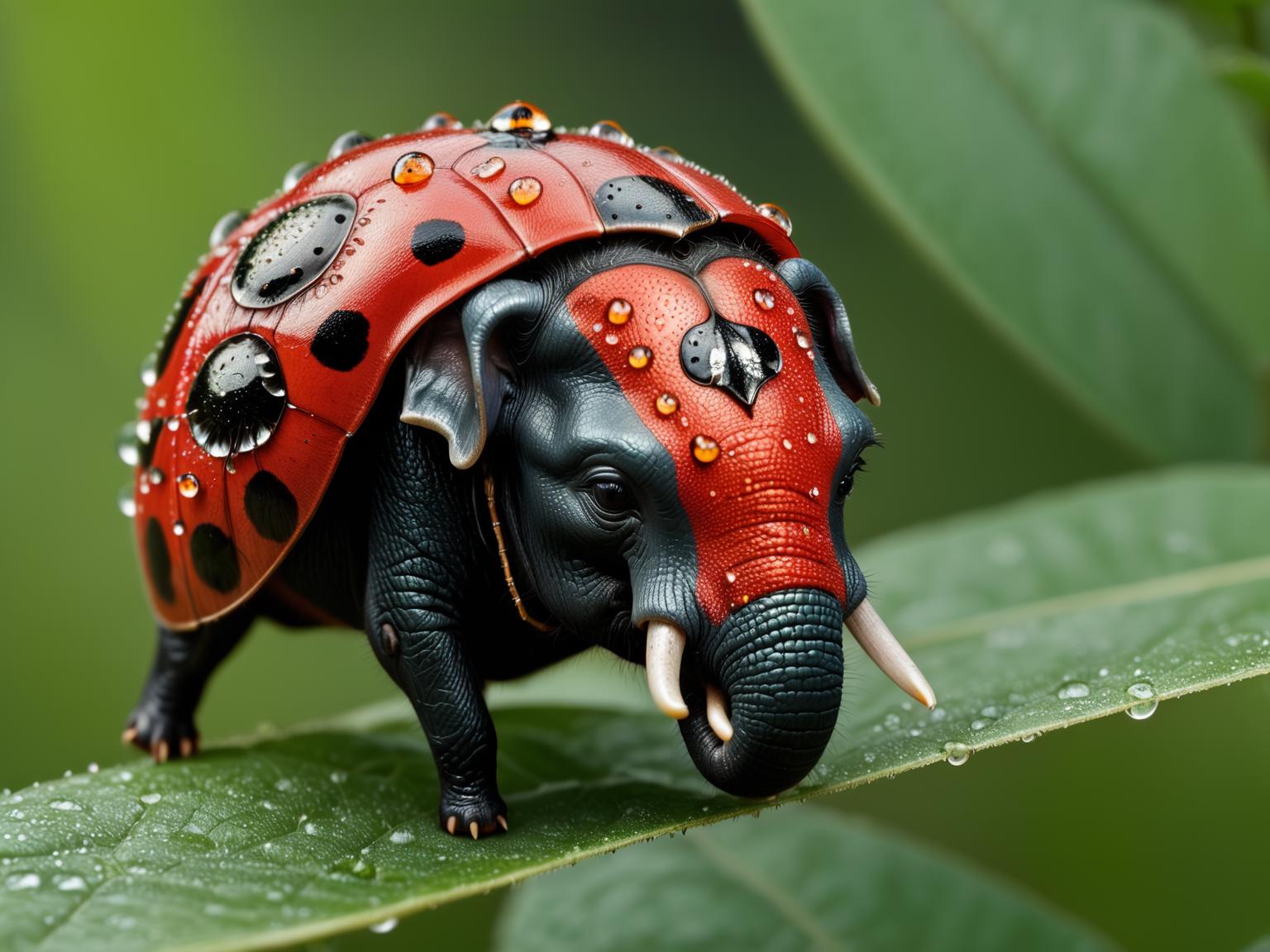 There is a small statue of an elephant with a lady bug on its back ...