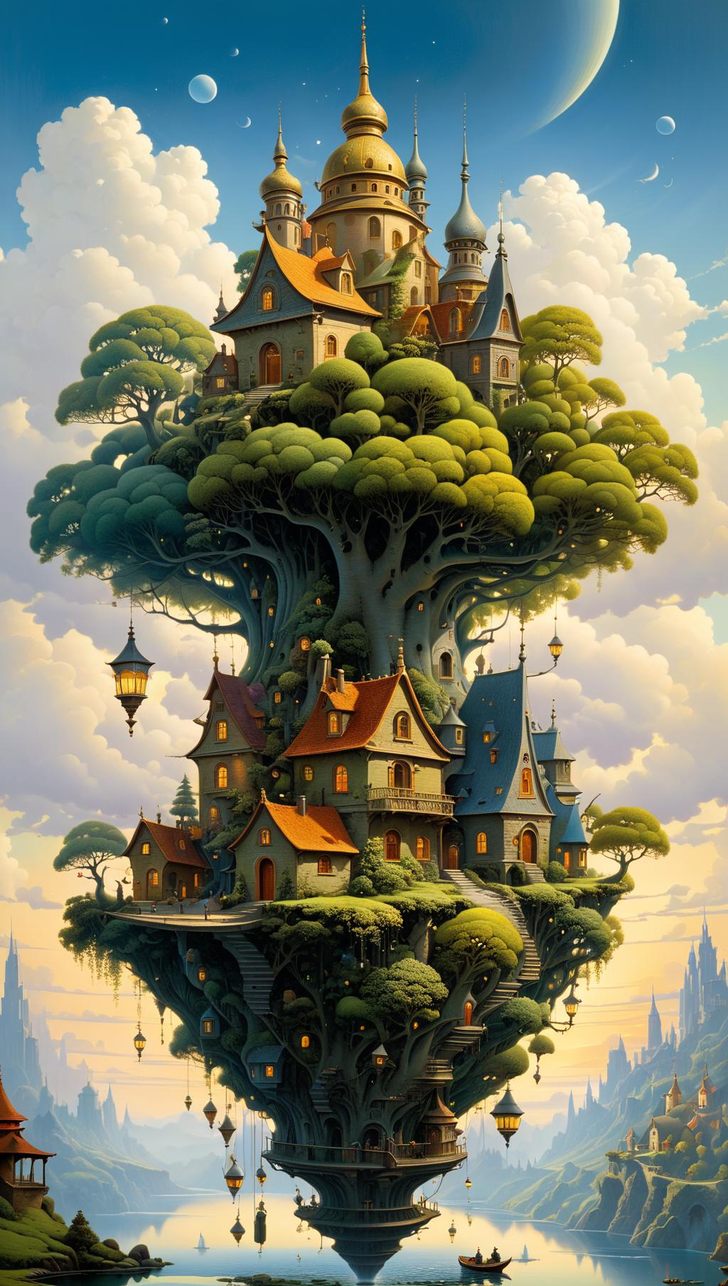 A painting of a tree house with a castle on top of it - SeaArt AI