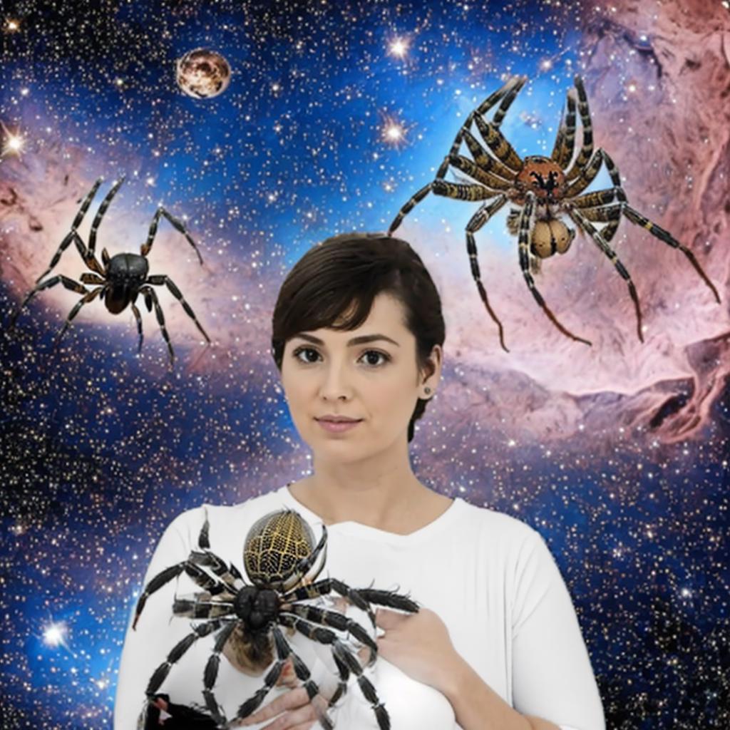 Arafed woman holding a spider and a dog in front of a space background ...