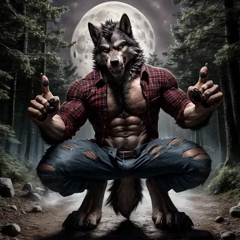 A close up of a person sitting in a forest with a wolf on his chest ...