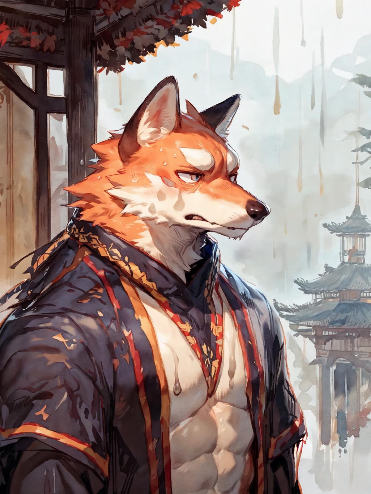 Furry,male,anthro fox,fluffy muscle,Thin,15age juvenile,hanfu - SeaArt AI