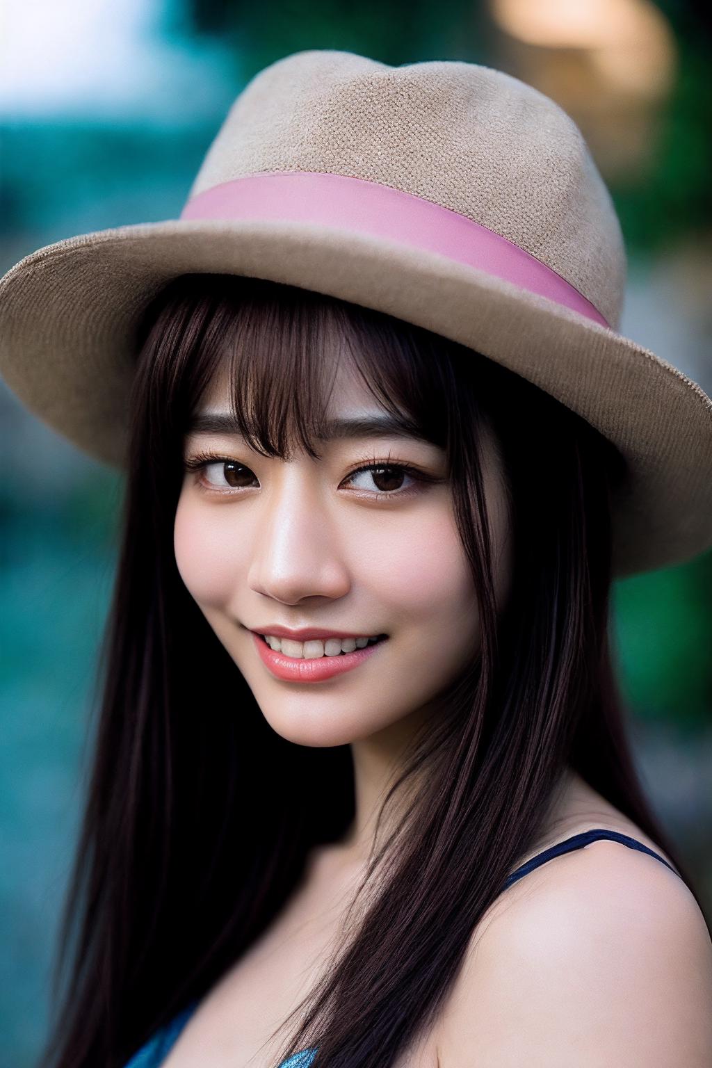 Arafed asian woman with long hair wearing a hat and smiling - SeaArt AI