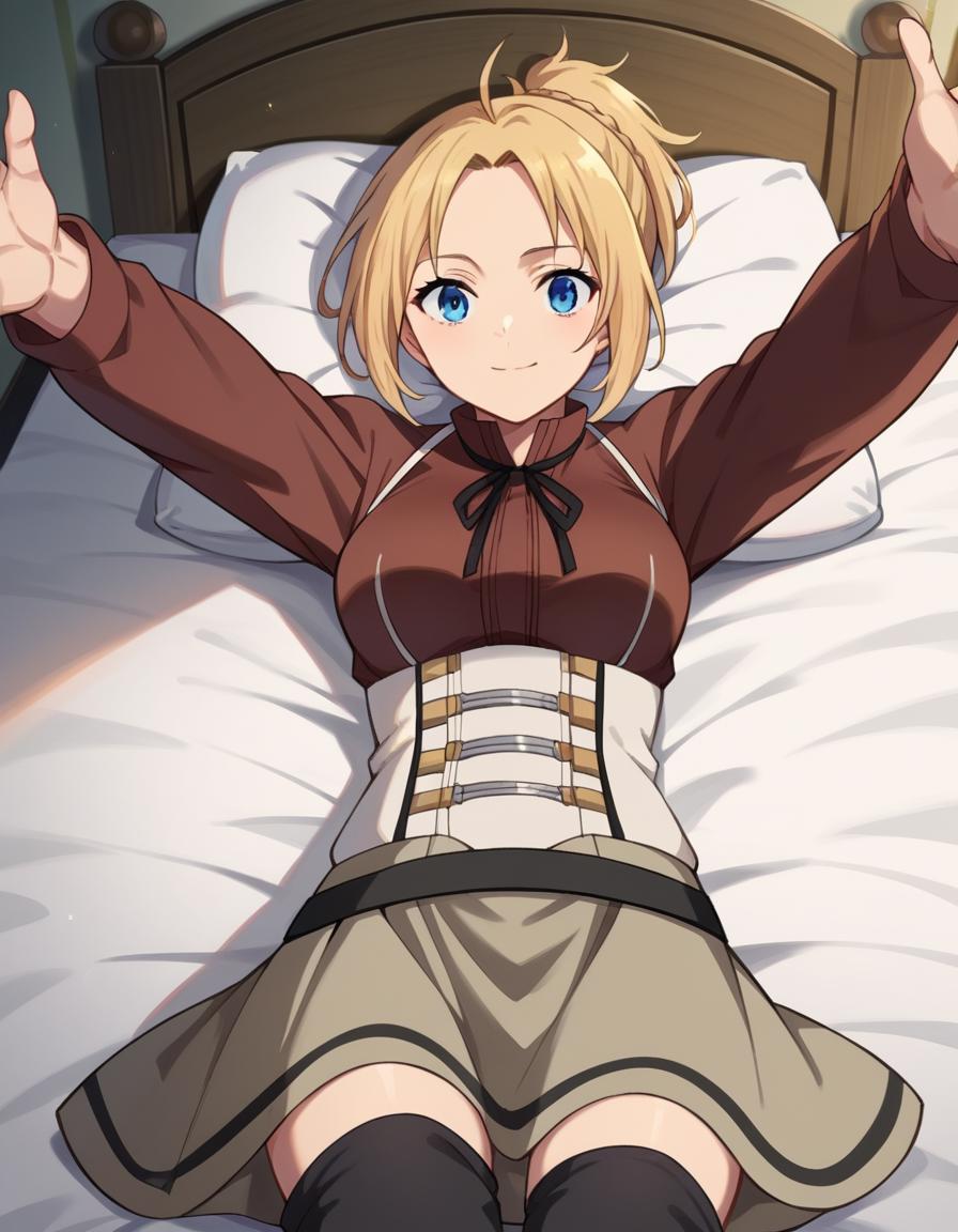 Anime girl laying on bed with arms outstretched in the air - SeaArt AI