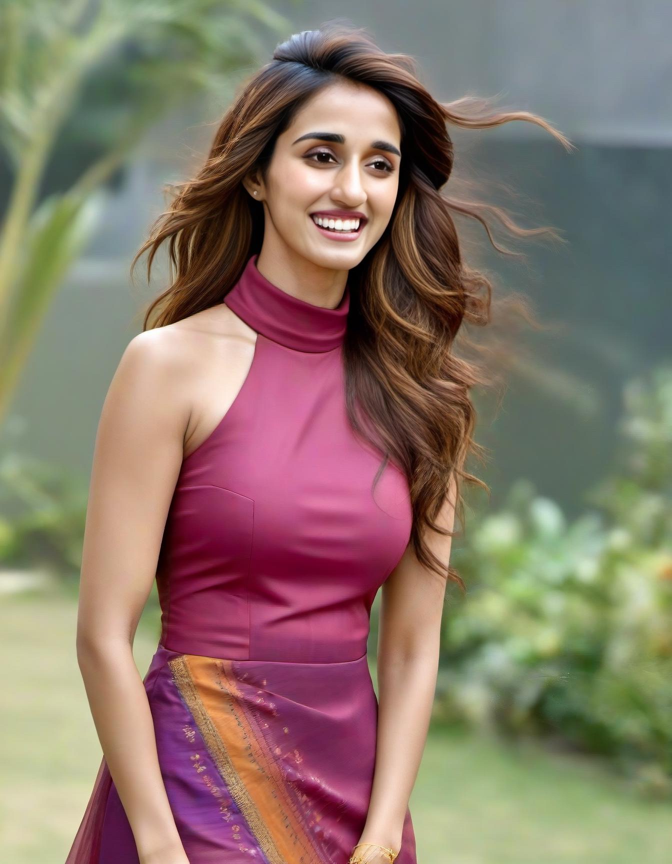 Anusha in a purple dress smiling and posing for the camera - SeaArt AI