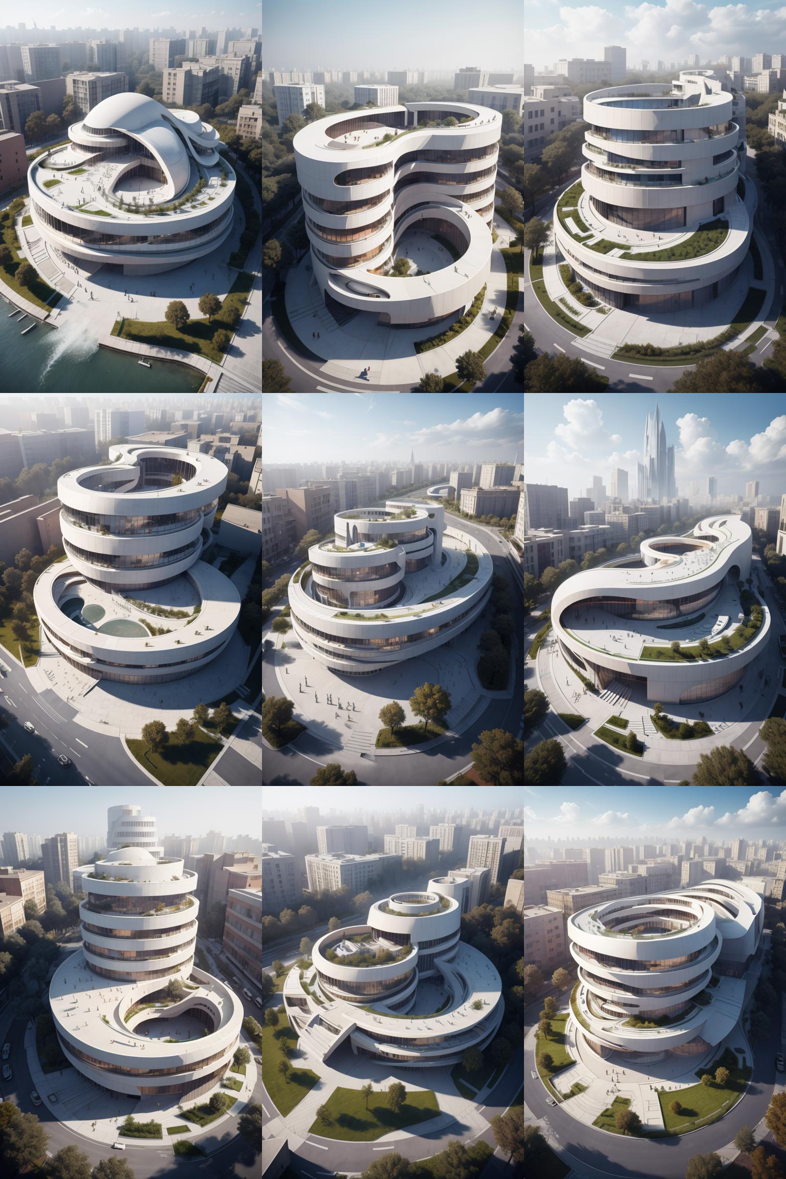 A series of photos of a building with a circular design - SeaArt AI