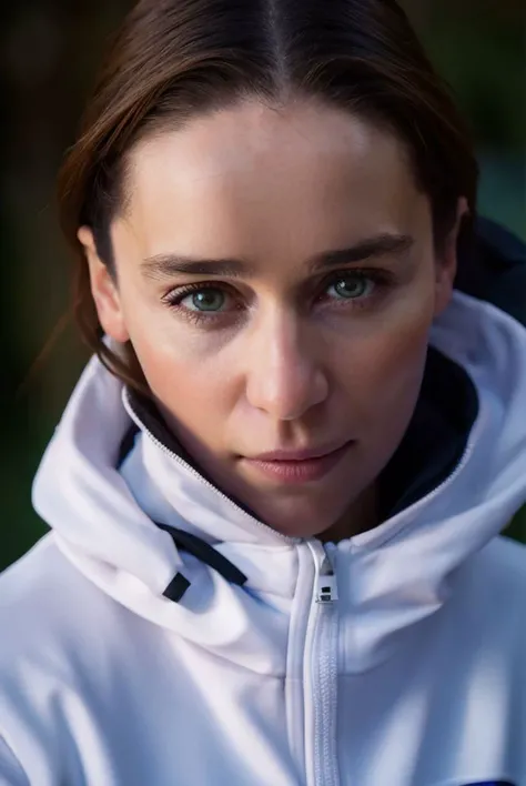 Arafed woman in a white jacket with a black hoodie - SeaArt AI