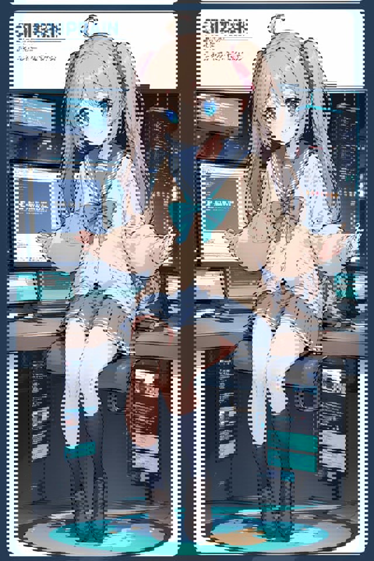 A close up of a person sitting on a desk with a computer - SeaArt AI