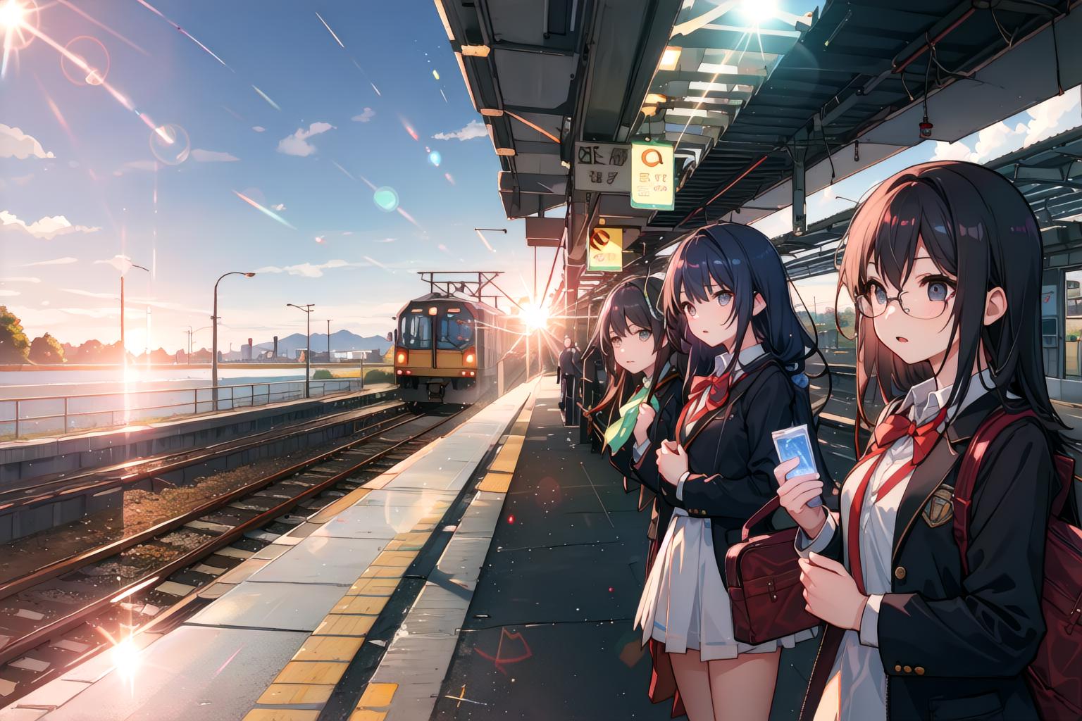 Anime girls waiting for a train at a train station - SeaArt AI
