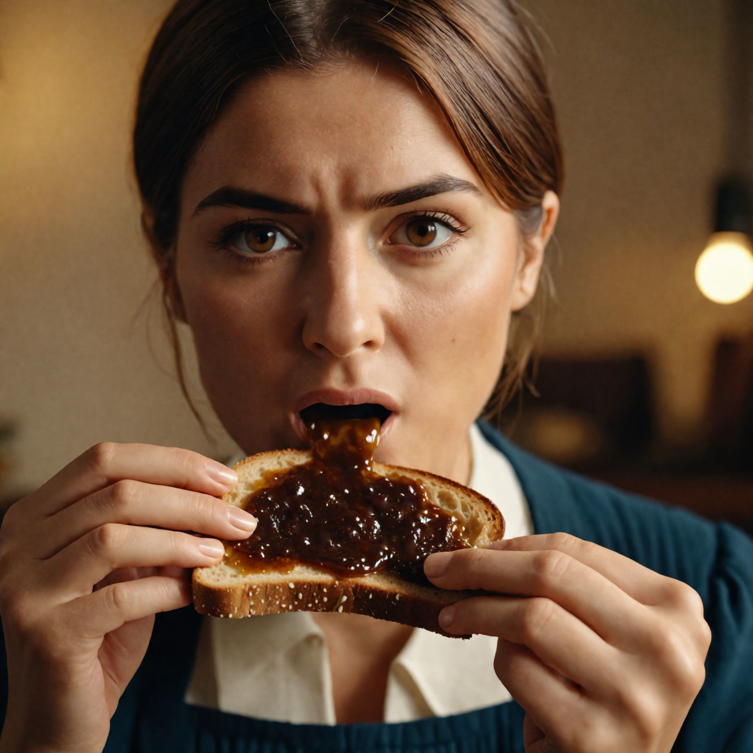 Cinematic photo women eating Marmite on toast and making a disgusted ...