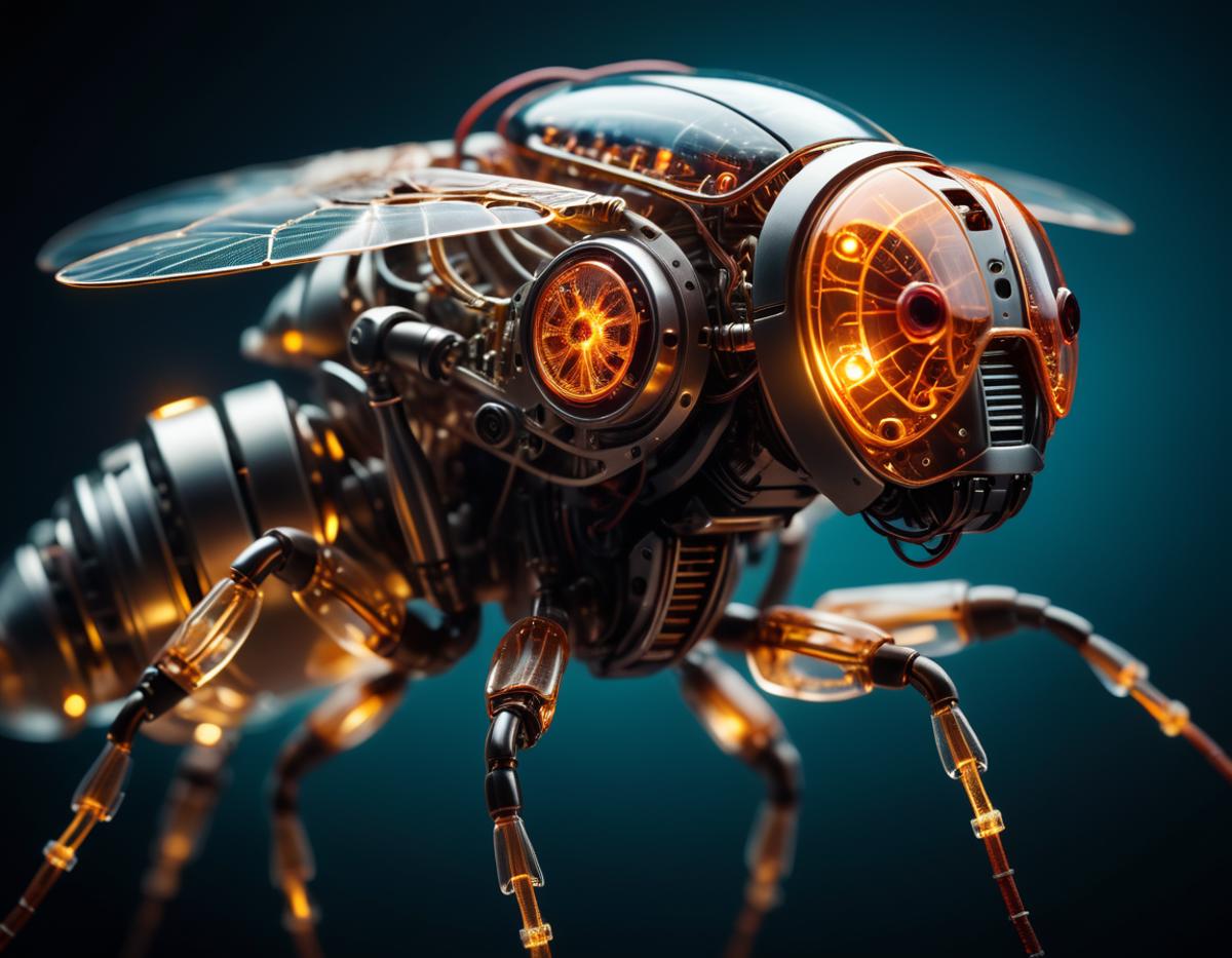A close up of a mechanical insect with glowing eyes - SeaArt AI