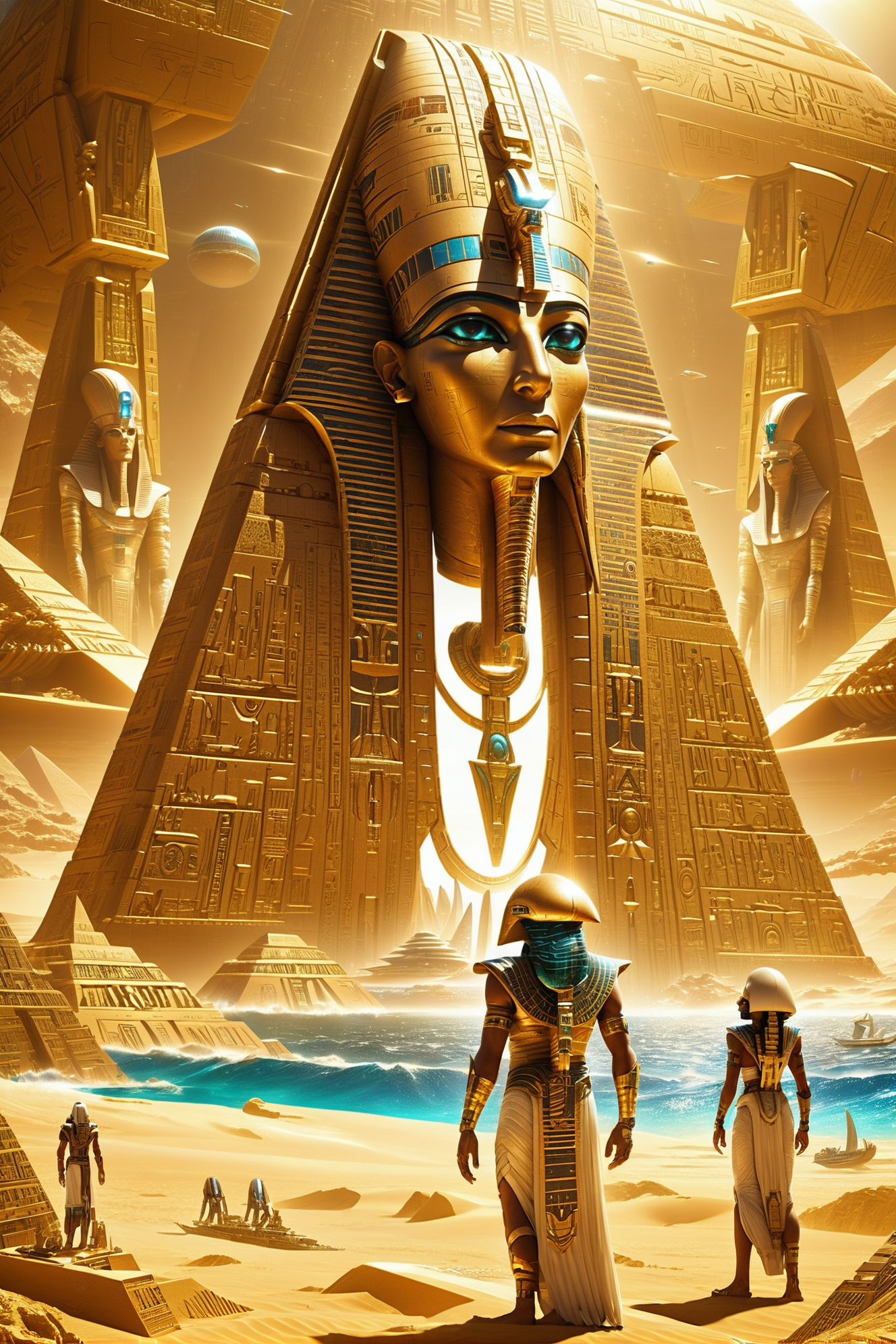 An egyptian scene with a pharaoh and two men walking in the desert ...