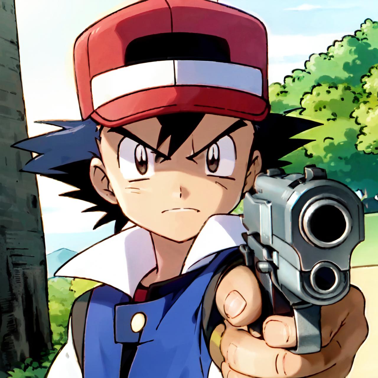 Pokemon is holding a gun in his hand and pointing it at the camera ...