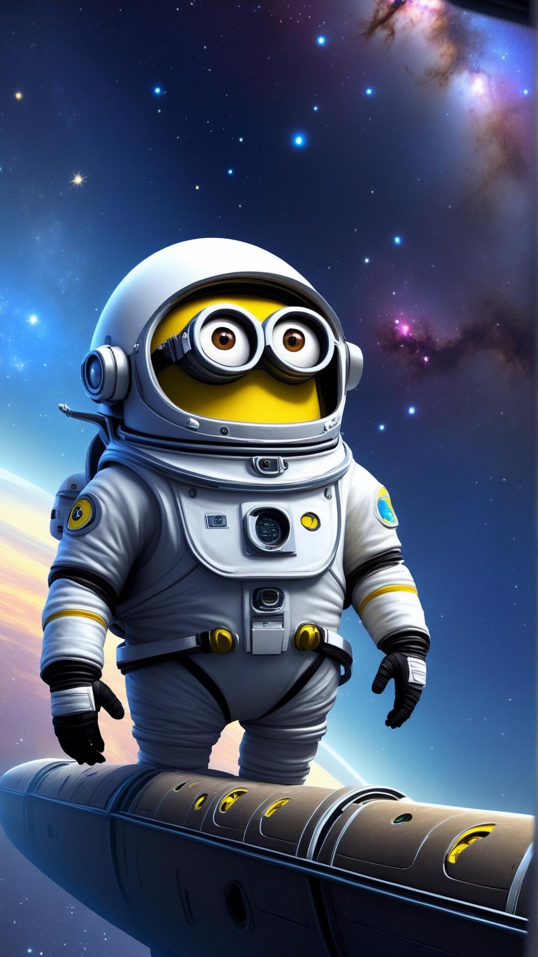 A cartoon minion is standing on a space shuttle in the sky - SeaArt AI