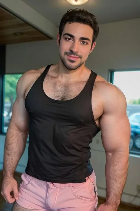 A man in a black tank top and pink shorts posing for a picture - SeaArt AI