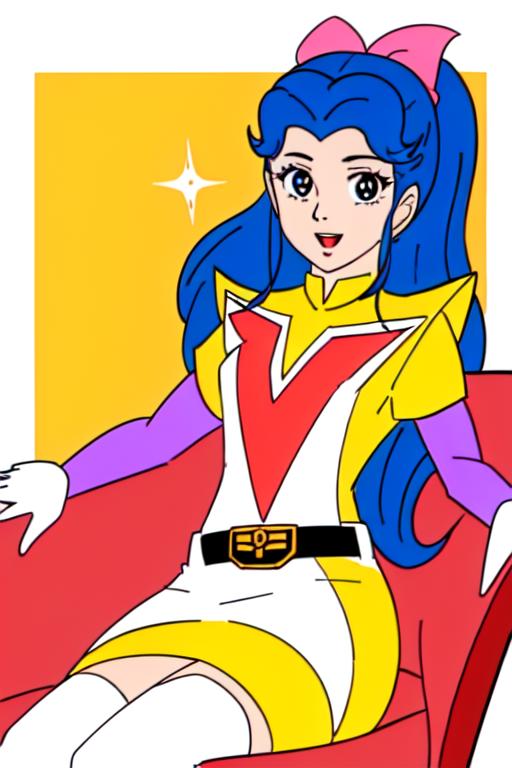 A cartoon girl sitting on a red chair with a yellow background - SeaArt AI