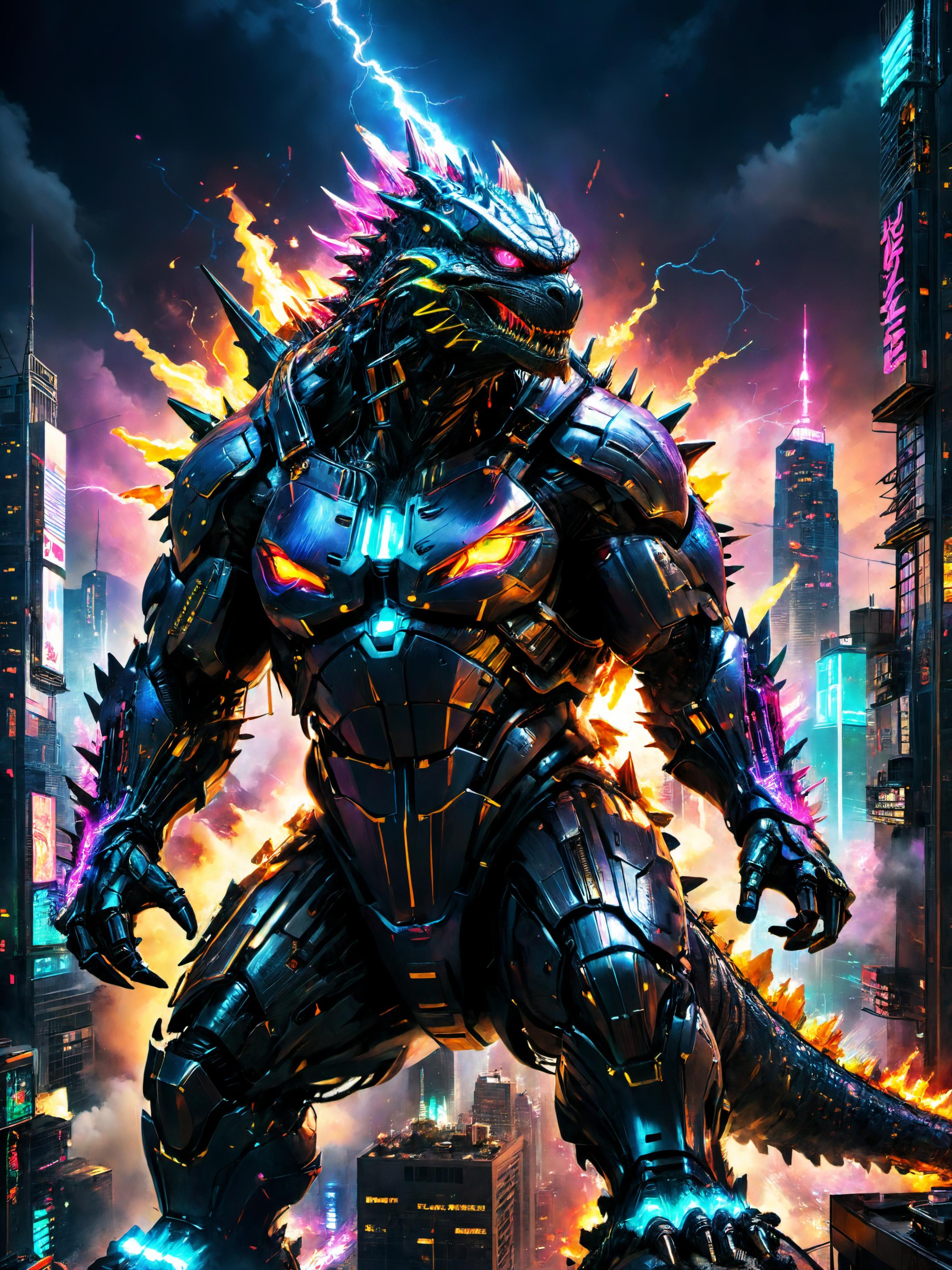 Godzilla rising on the city with lightning coming out of it - SeaArt AI