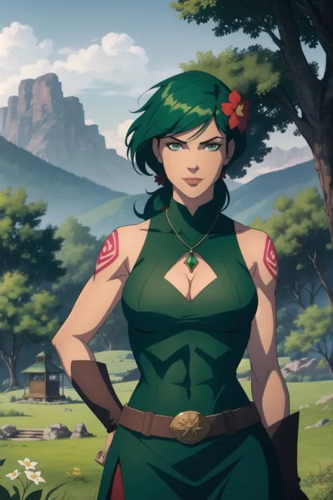 A woman in a green dress standing in front of a mountain - SeaArt AI