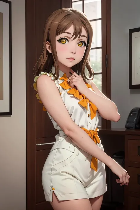 A woman in a short dress posing in front of a desk - SeaArt AI