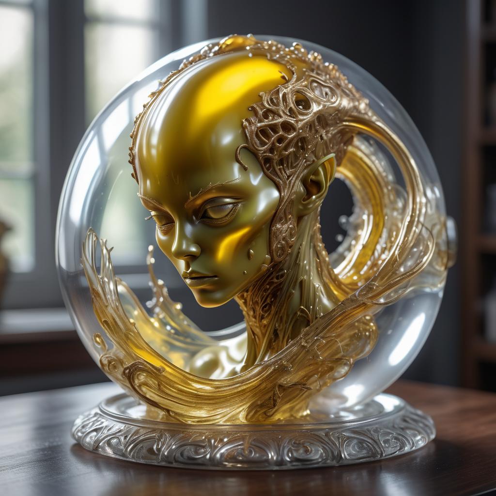 A close up of a gold statue of a woman with a gold head - SeaArt AI