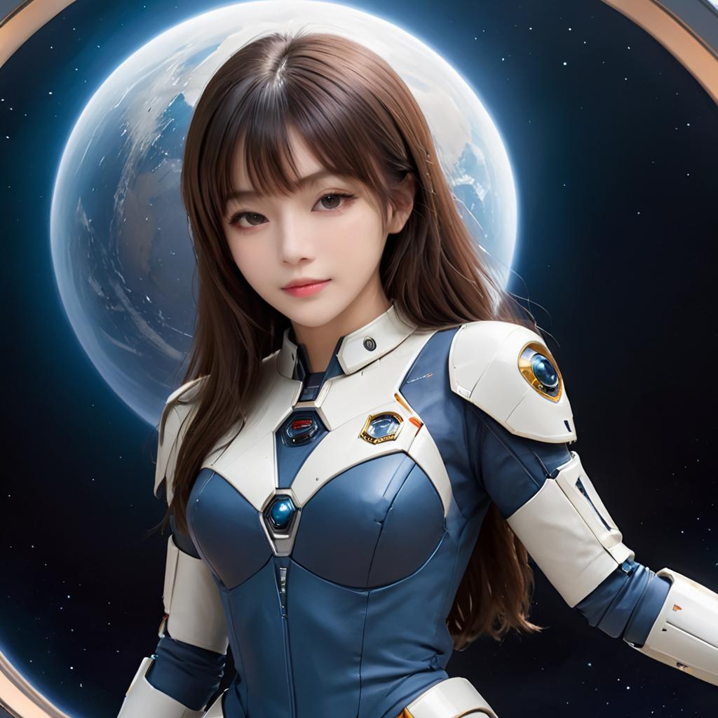 A close up of a woman in a futuristic suit with a moon in the ...