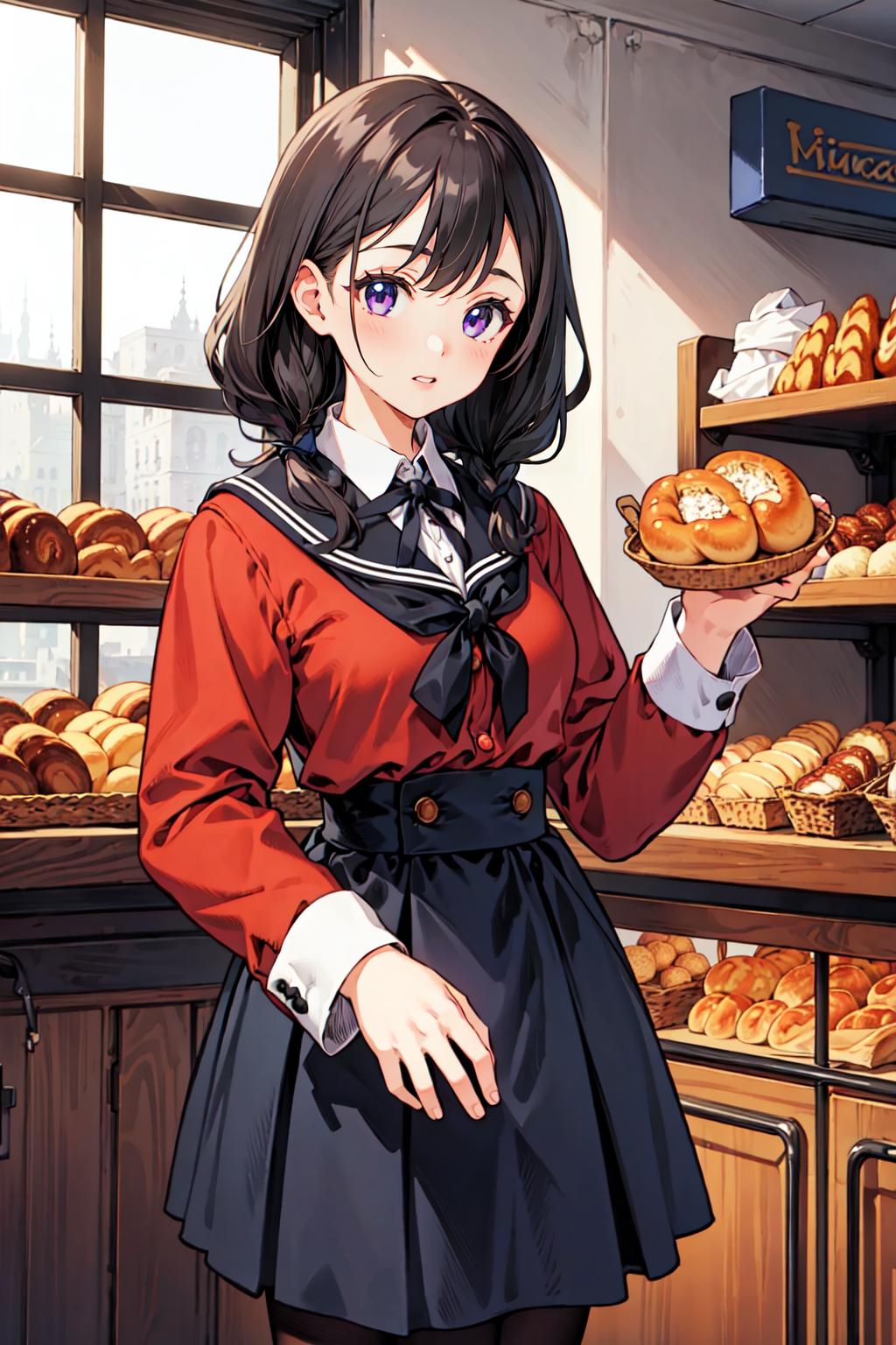 Anime girl in a bakery holding a loaf of bread - SeaArt AI