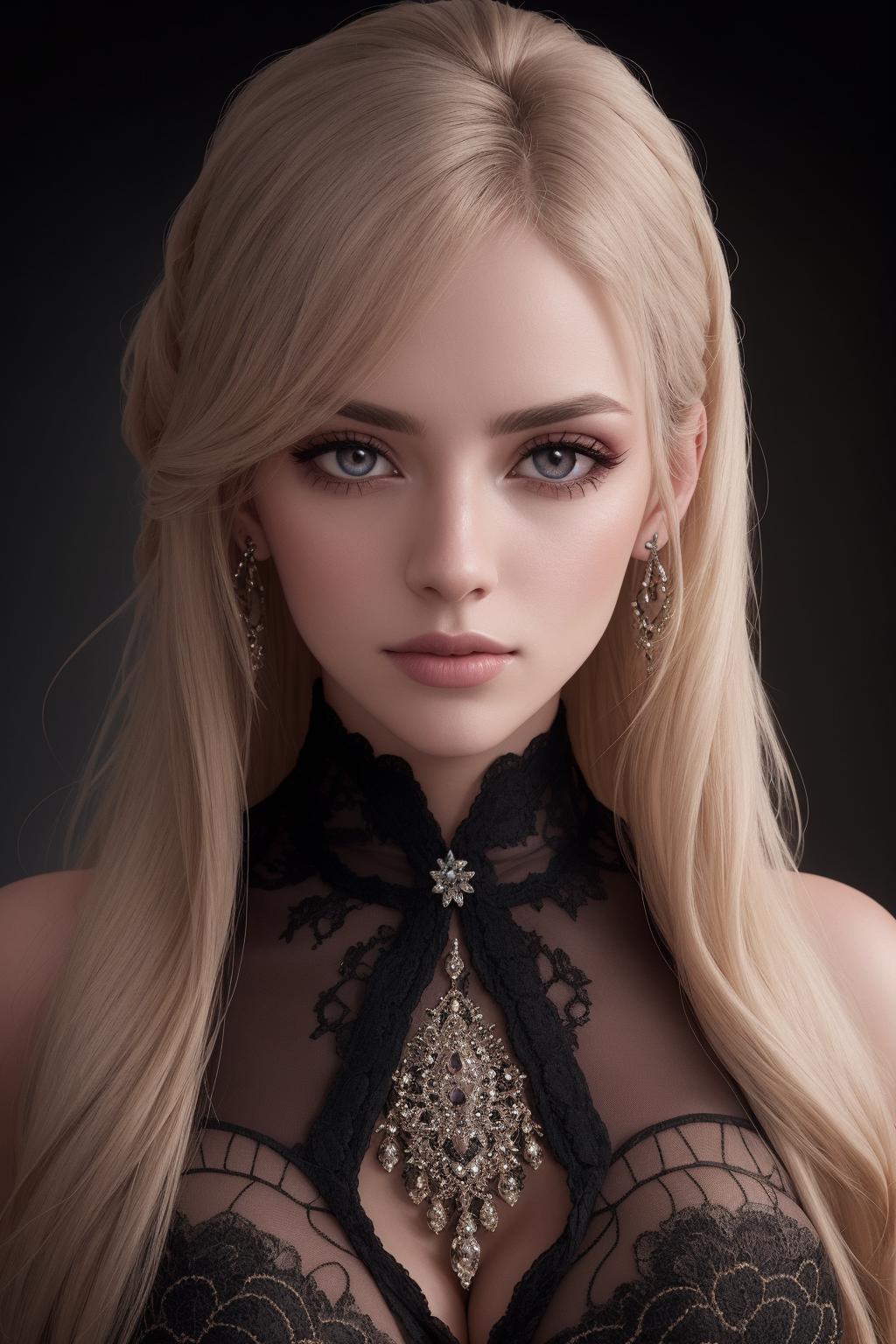 A close up of a woman with long blonde hair wearing a black dress - SeaArt AI