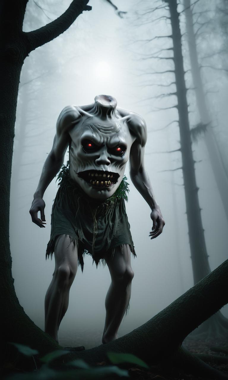 A man in a forest with a creepy face and a creepy face - SeaArt AI