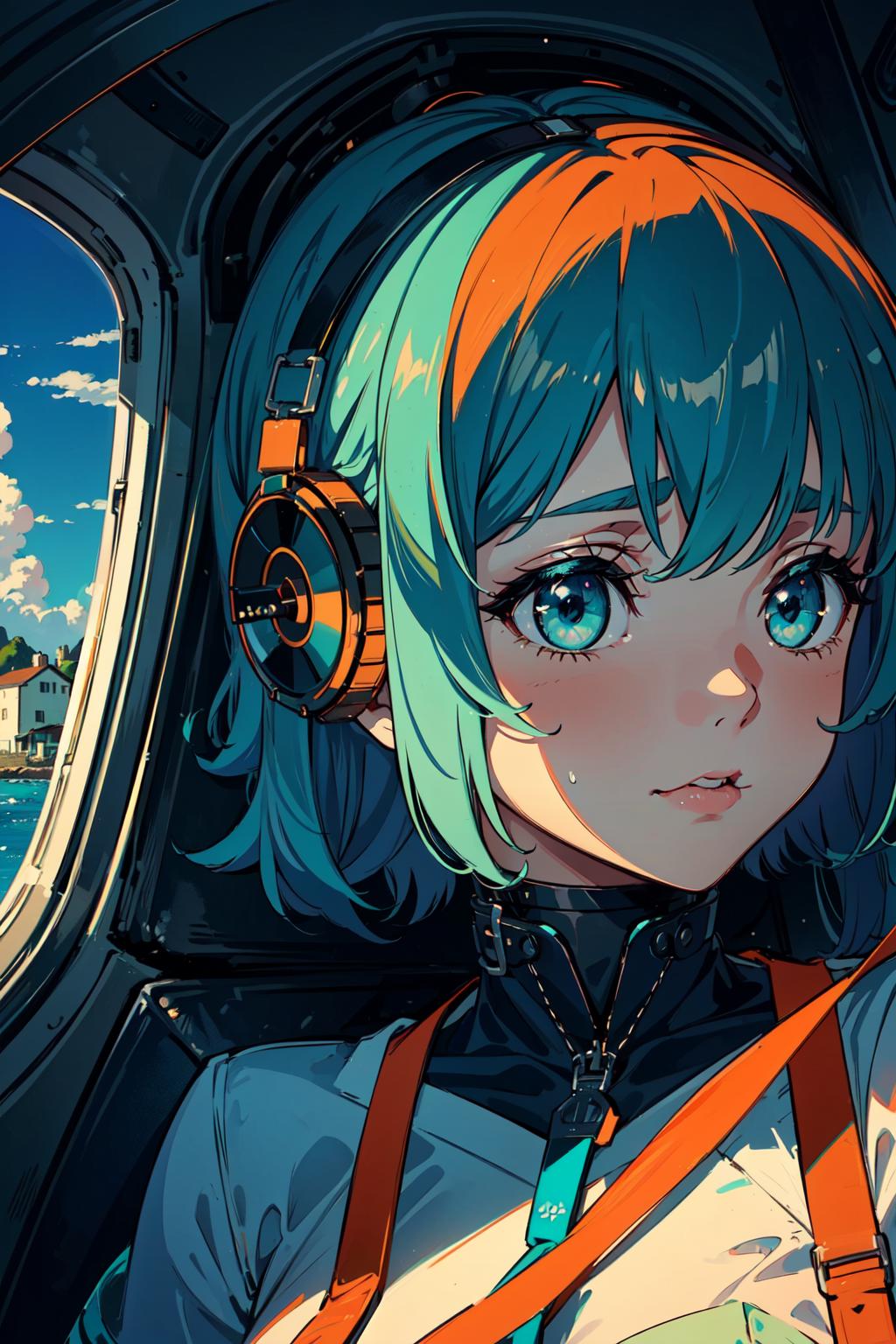 Anime girl in a plane looking out the window - SeaArt AI