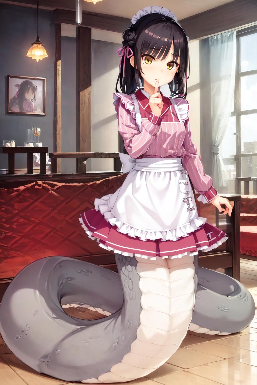 Anime girl in maid outfit sitting on a giant inflatable object - SeaArt AI