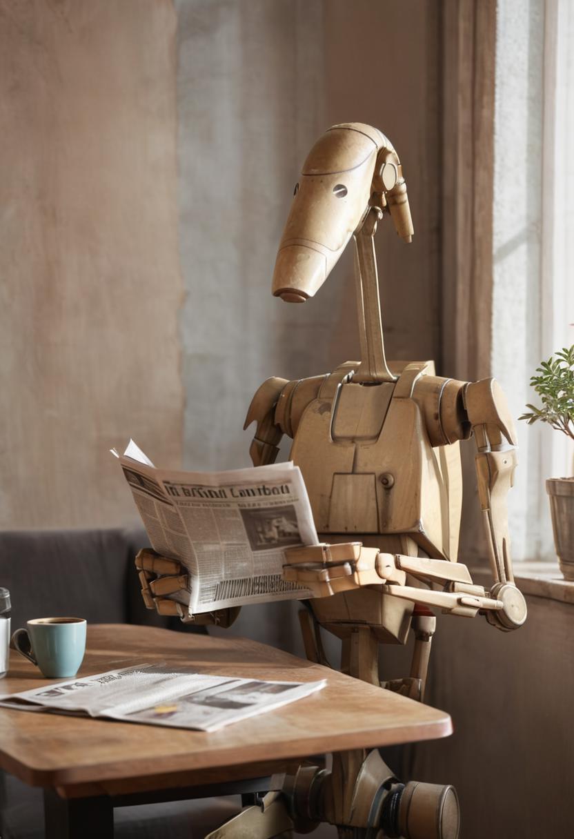 A close up of a robot reading a newspaper on a table - SeaArt AI