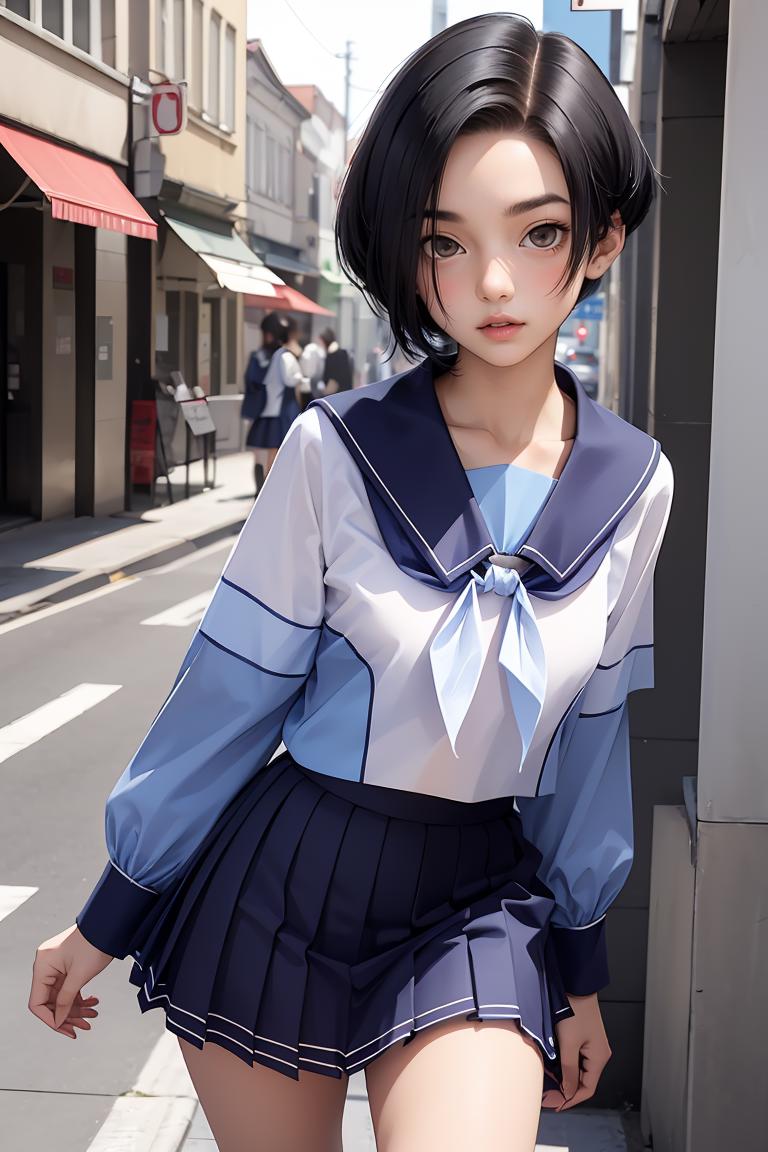 Arafed image of a woman in a sailor outfit walking down a street ...