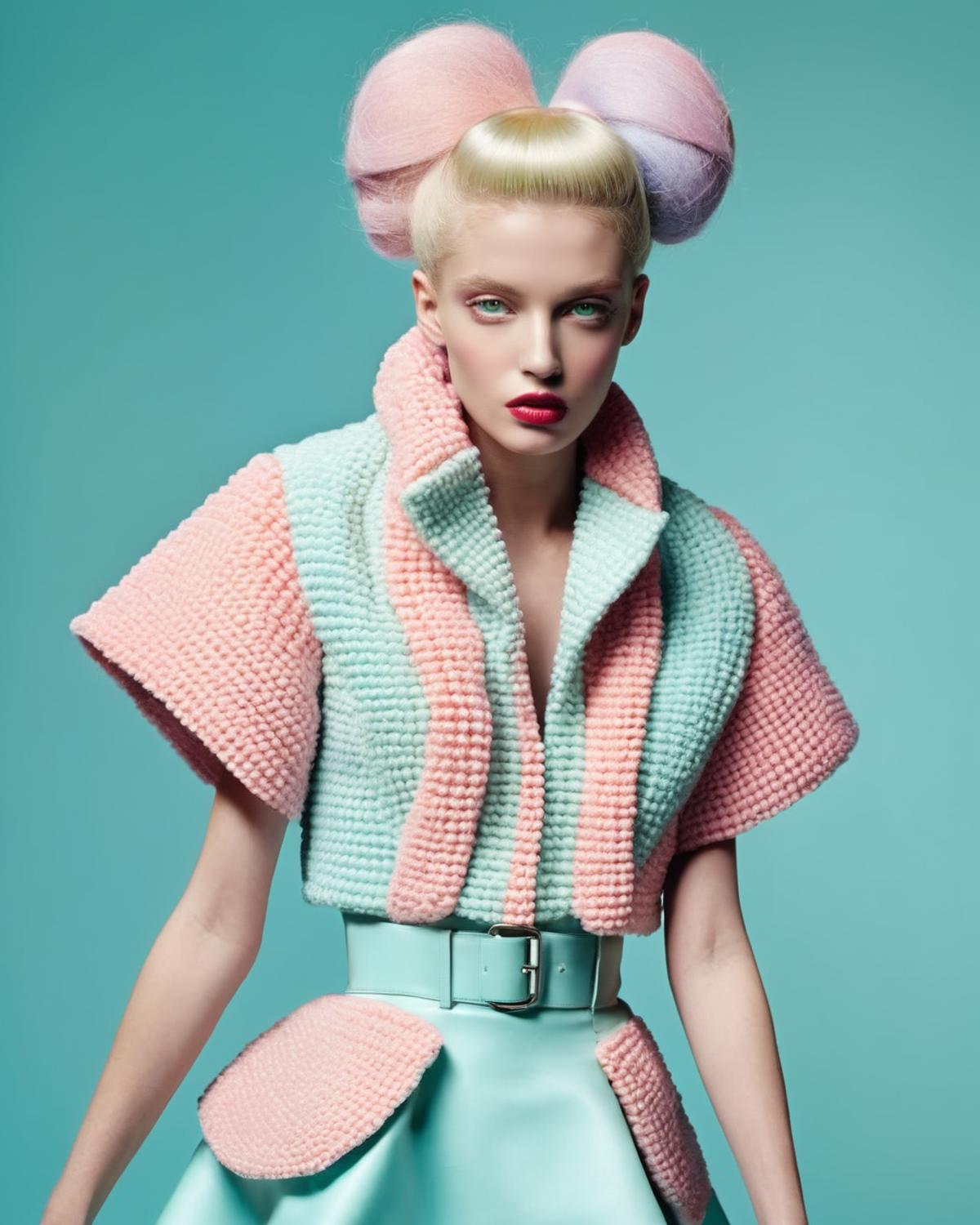 A woman in a pink and blue dress with a pink bow on her head - SeaArt AI