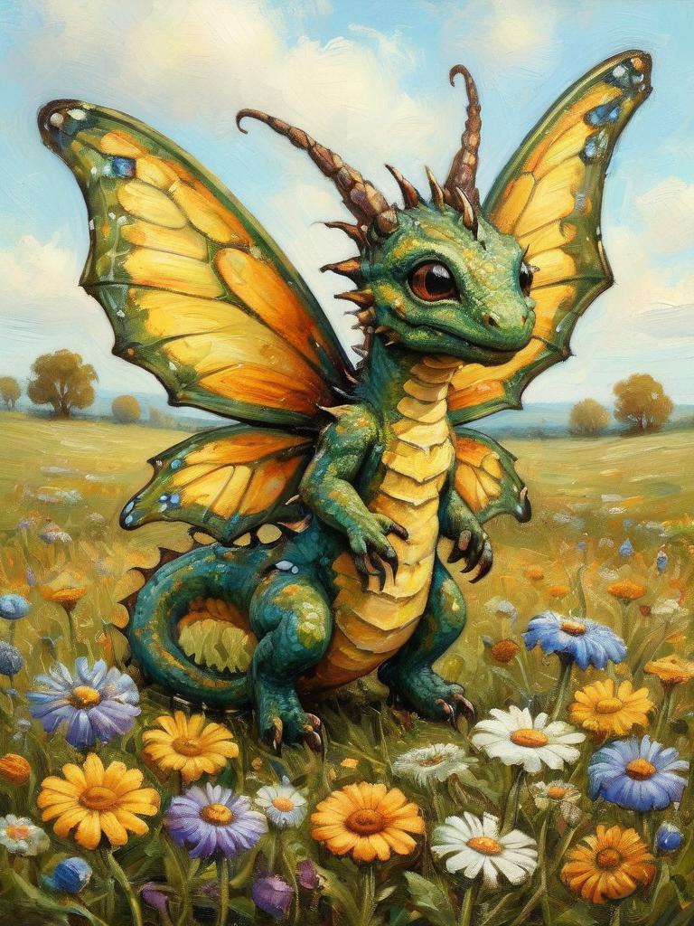 A painting of a dragon sitting in a field of flowers - SeaArt AI