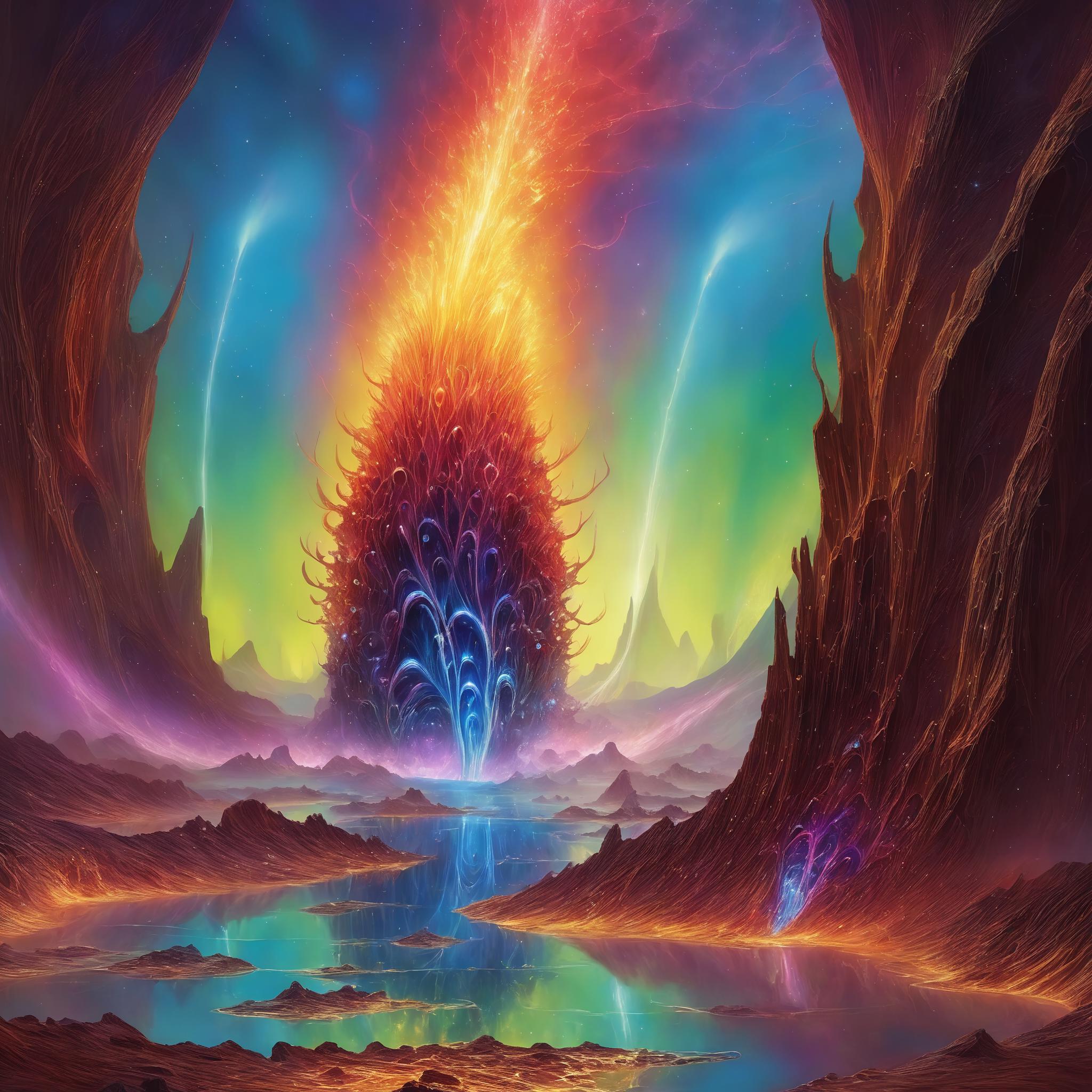 A painting of a giant alien creature in a cave with a lake - SeaArt AI