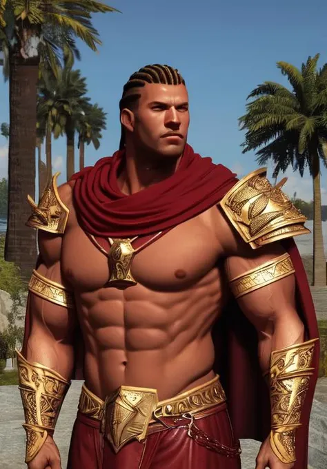 A man in a red outfit and gold armor standing in front of palm trees ...