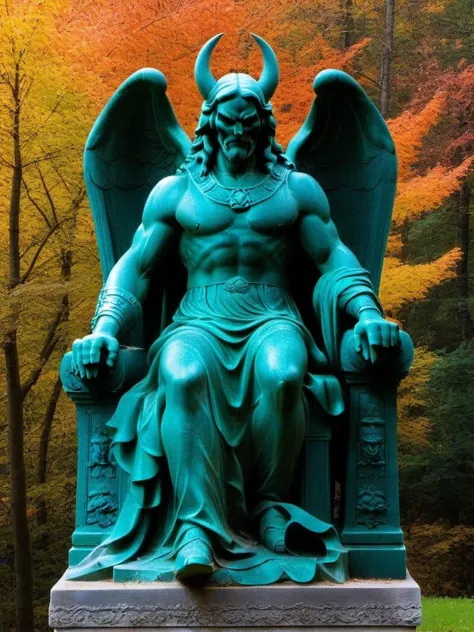 A close up of a statue of a demon sitting on a throne - SeaArt AI