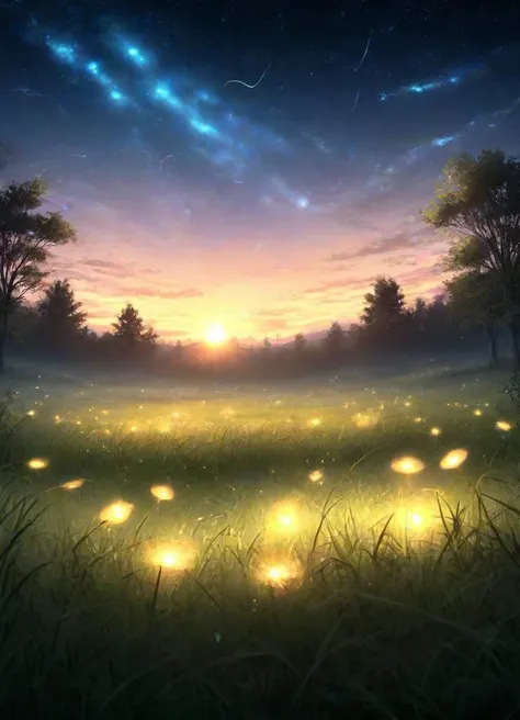 A field full of fireflies at sunset with trees and grass - SeaArt AI
